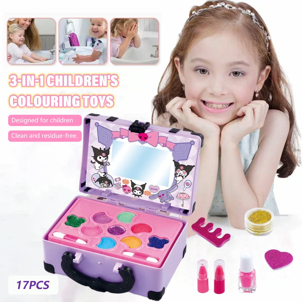 17PCS Kids Makeup Toys Girls Real Makeup Kit Washable Non-toxic Makeup ...