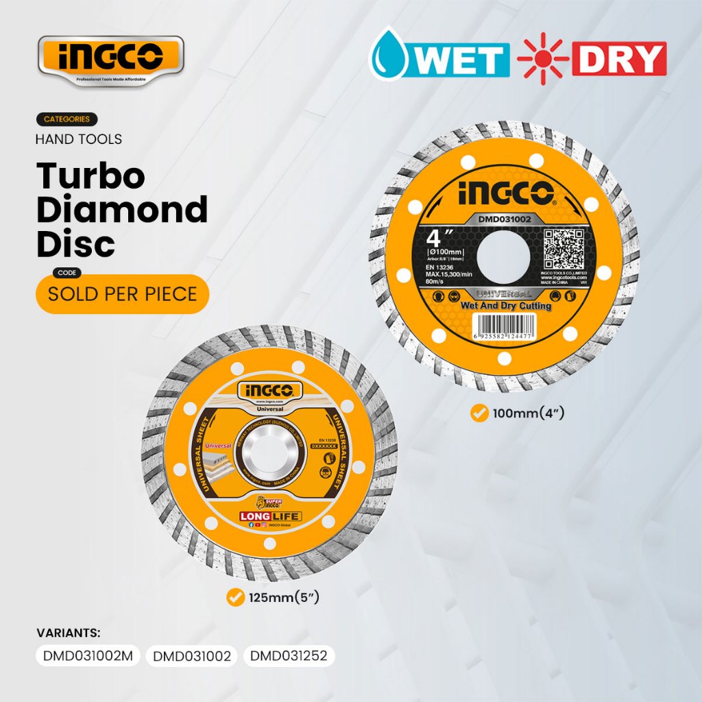 Ingco 4" / 5" Wet & Dry Turbo Diamond Cutting Disc Angle Grinder ...