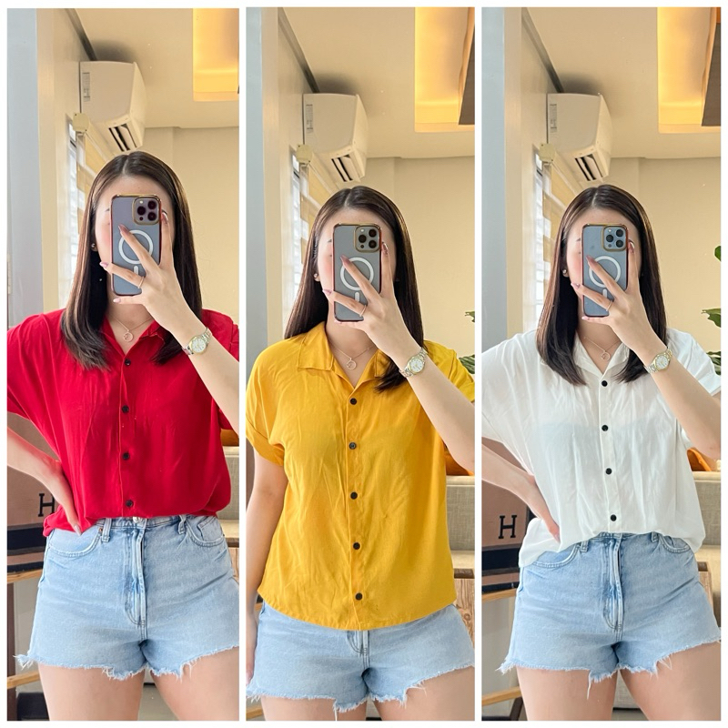 COCOBABA Basic Freesize Buttondown Loose Polo Plain | Shopee Philippines