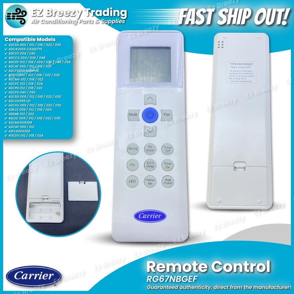 Remote Control RG67NBGEF for Carrier Inverter & Non-Inverter Split Type ...