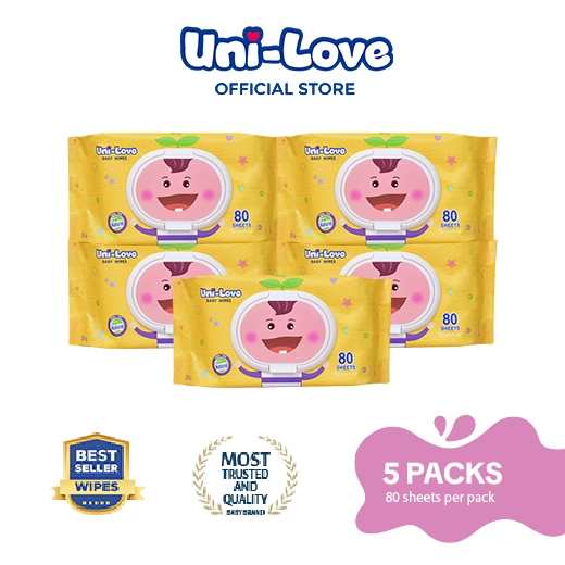UniLove Powder Scent Baby Wipes 80's Pack of 5 - Hypoallergenic | 99% ...