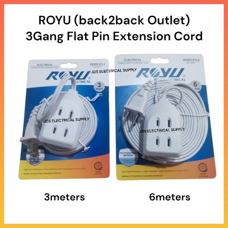 ROYU B2B 3Gang Flat Pin Extension Cord 3meter and 6meter | Shopee ...