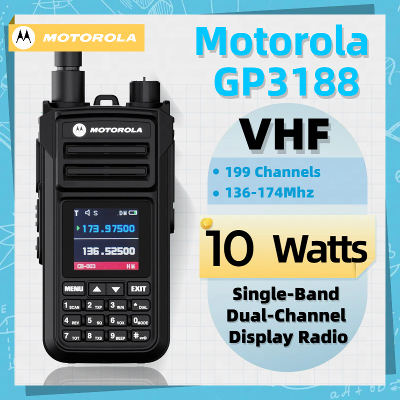 Motorola GP3188 Walkie Talkie Long Range 10KM VHF 136-174Mhz 199CHS 10W ...