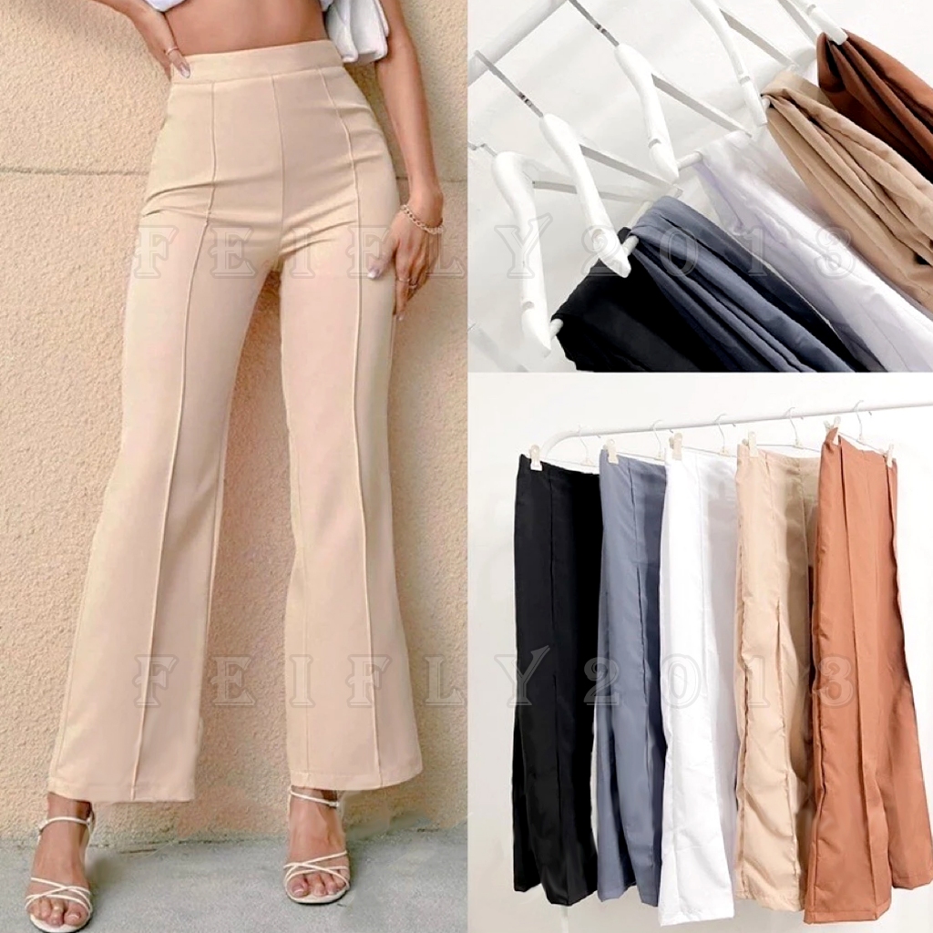 FEIFLY Flare Wide Leg Trouser Pants Stretchable Garter High Waist 10664 ...