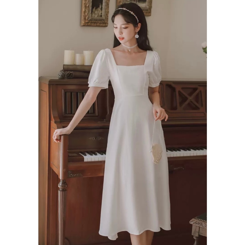 white midi korean dress bridesmaid dress graduation dress fitted dress ...