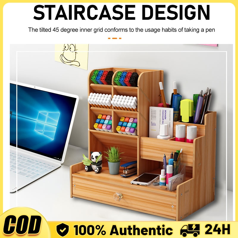Wooden Stationery Holder Storage Rack DIY Desk Organizer Multi ...