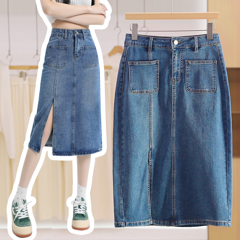 Stretch Skirt Long Denim for women slit High waist sexy blue Vintage ...