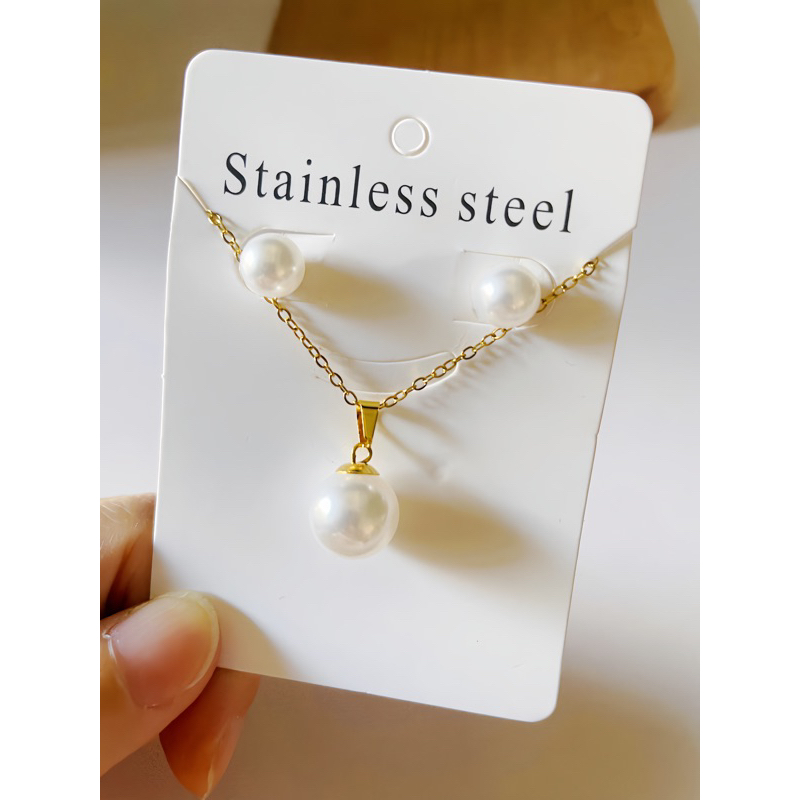 stainless steel necklace with earring Pearl 2in1 set fashion jewelry ...