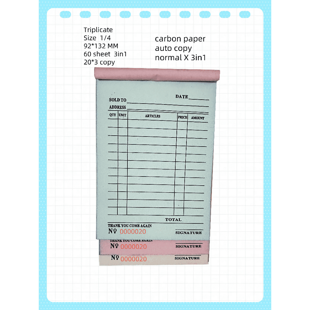 Triplicate 60pages (20X3 COPY) Sold to Receipt Resibo carbonized paper ...