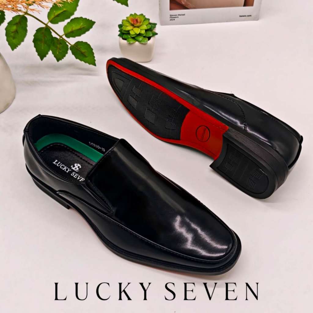 LUCKY SEVEN Classic 3cm Heels Slip-On Black Leather Shoes for Men ...