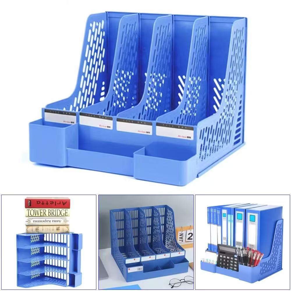4 Grid Holder File Rack Office Home Storage Box Trays Organizer Blue ...