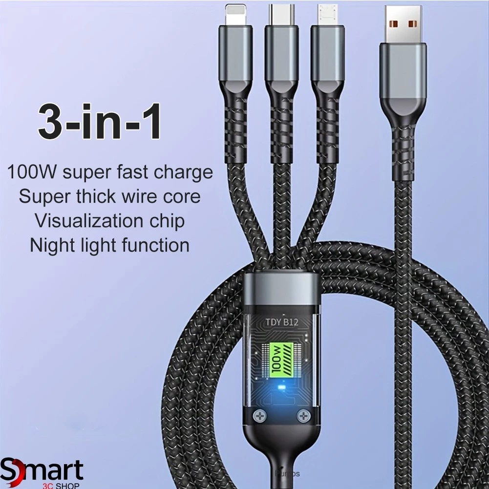 Portable 3 In 1 Flexible Data Cable With Indicator Light Fast charging ...