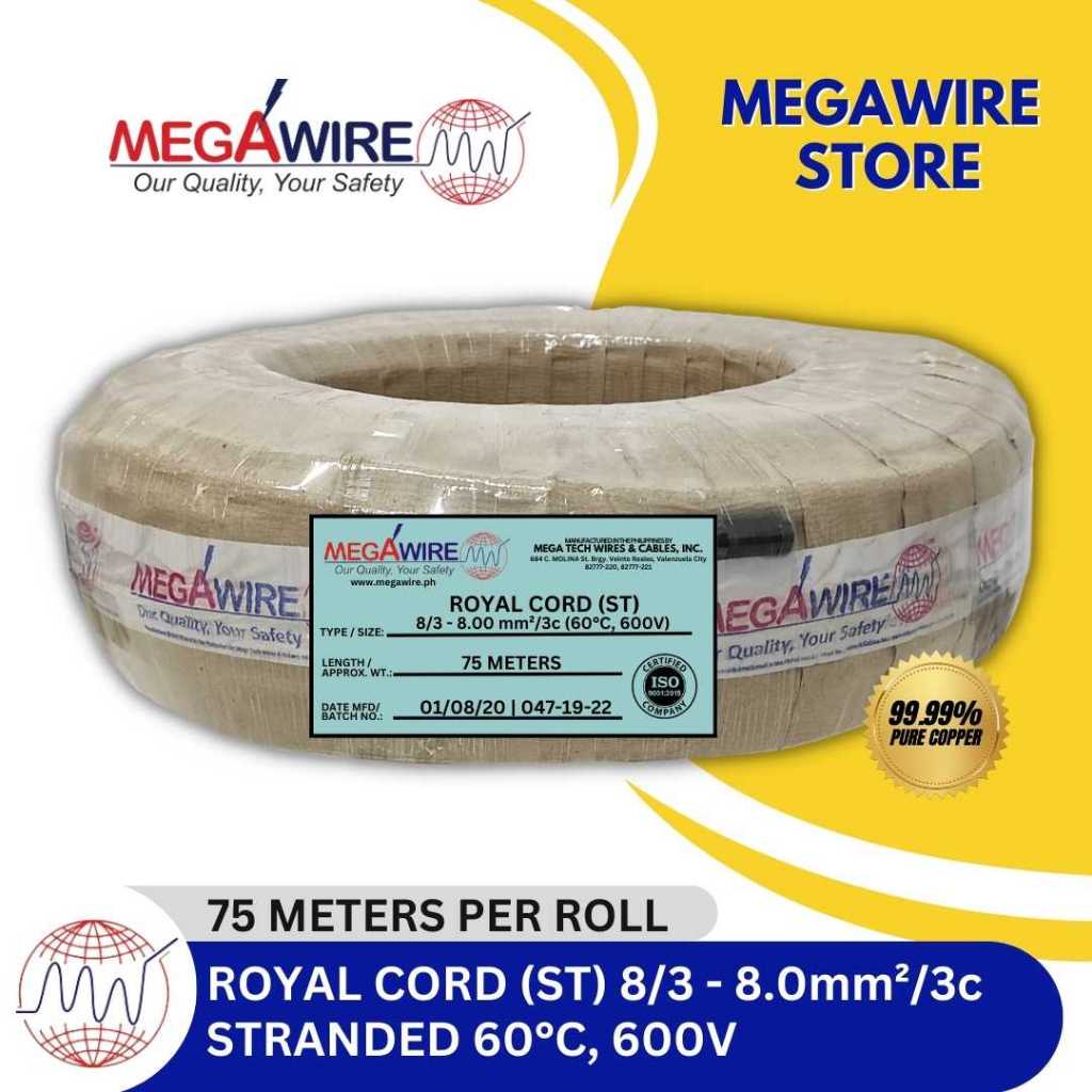 ROYAL CORD (ST) 8/3-8.0mm²/3c, 60°C (75M) 600V - ROLL (75 Meter) BLACK ...