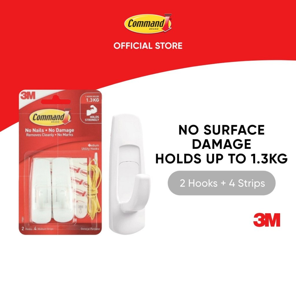 3M™ Command™ Medium Utility Hooks 17001, 2 Hooks + 4 Strips Holds up to ...