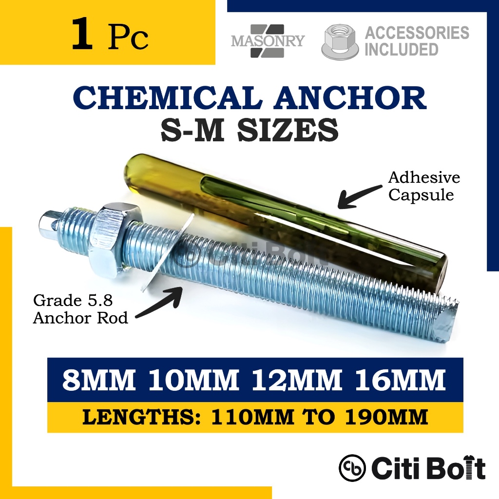 1pc Chemical Anchor / Rod + Adhesive Capsule / Chem Bolt for Concrete ...