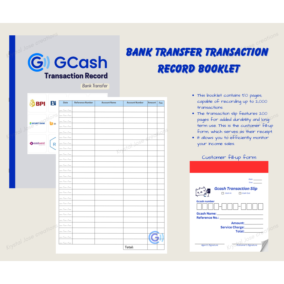 Gcash Bank Transfer Transaction Record Booklet with 200pages customer ...