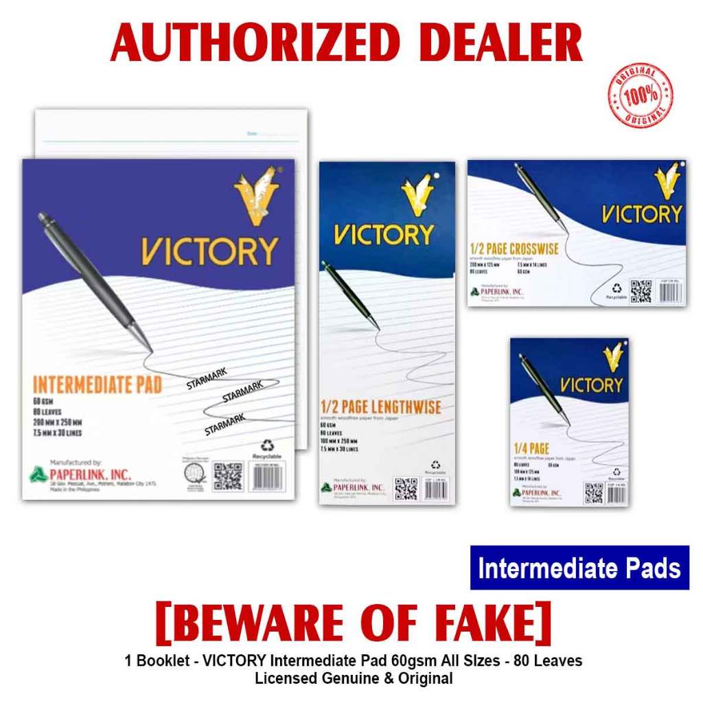 VICTORY Quiz Pad Pads Paper Papers Intermediate 1WHOLE 1/2 Lengthwise 1 ...