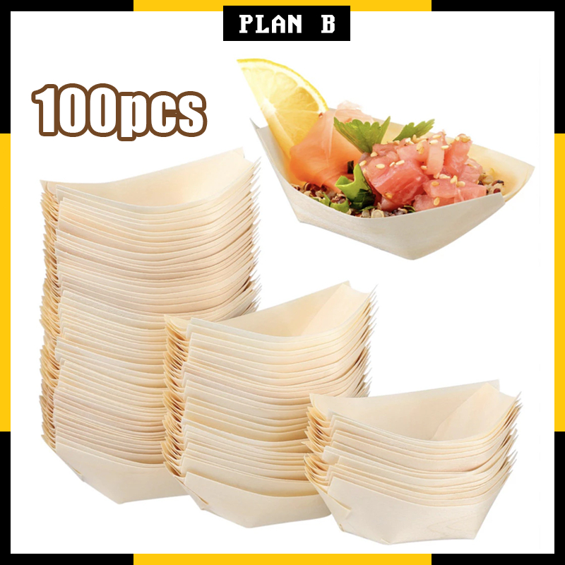 100Pcs Siomai Plate Disposable Sushi Wooden Boat Food Dishes Serving ...