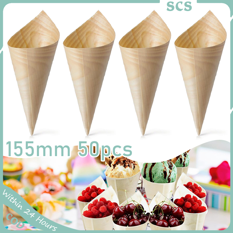 50Pcs Disposable Wood Cones Food Ice Cream Cone for Appetizer ...