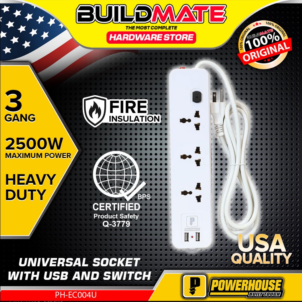 Buildmate x POWERHOUSE 2Meters Electric Extension Cord Switch, USB and ...