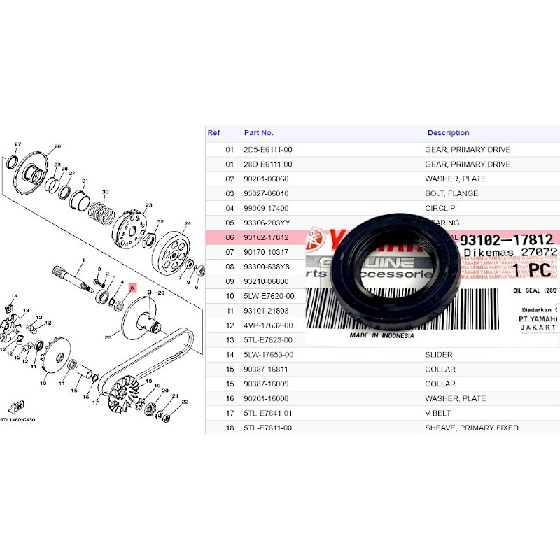 OIL SEAL PRIMARY DRIVE MIO SPORTY/SOUL CARB/ MXi 93102-17812 YAMAHA ...