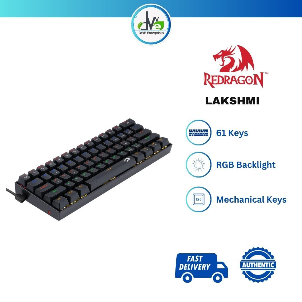 REDRAGON LAKSHMI GAMING KEYBOARD BLUE SWITCH RGB SPILL PROOF 61 KEYS ...