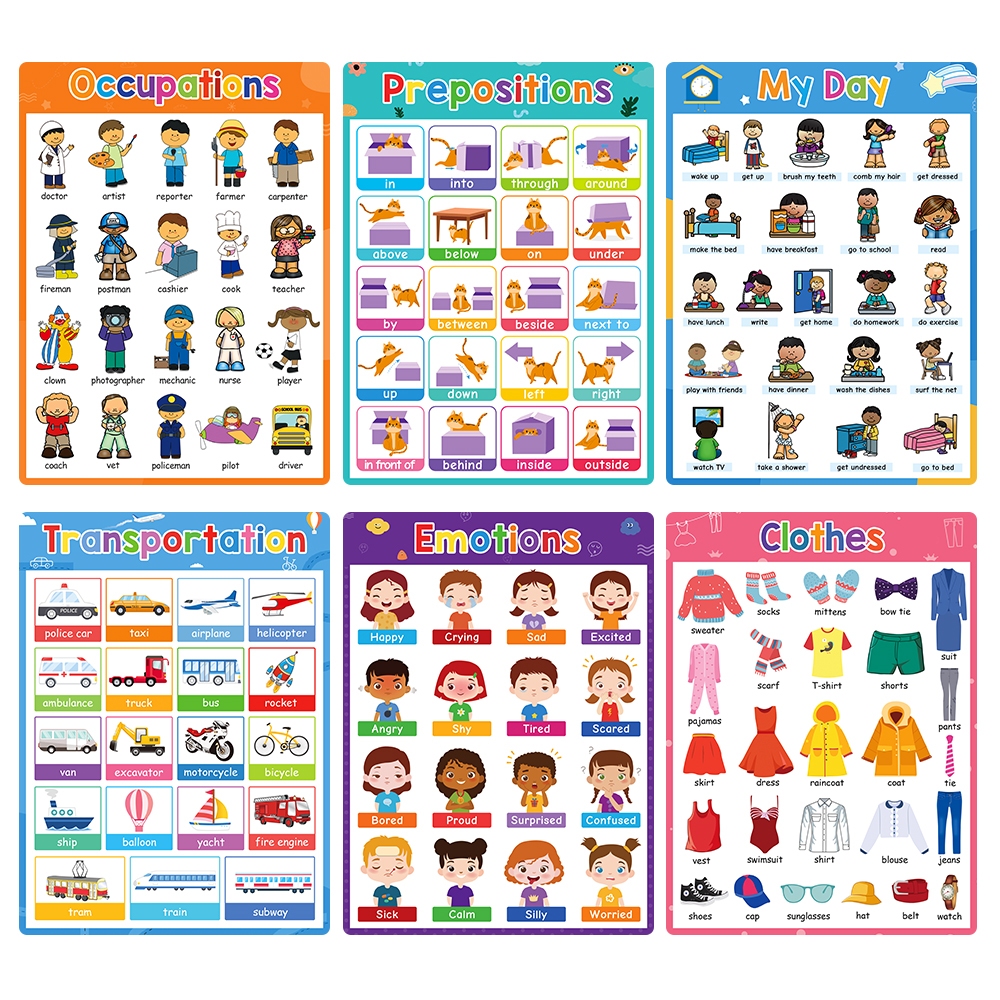 6 Pack A4 Educational Posters English Vocabulary Learning Charts for ...