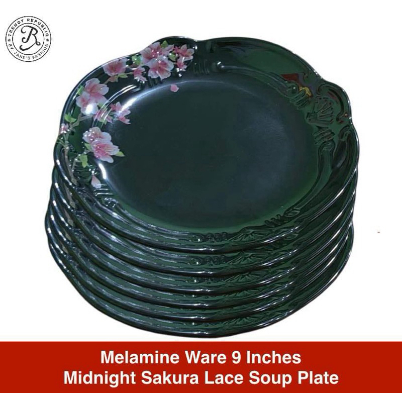Melamine Ware 9 Inches Midnight Black Sakura Lace Soup Dinner Plates ...