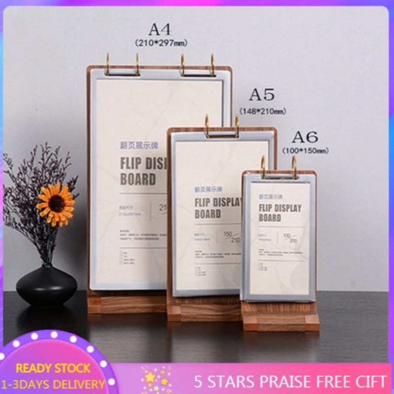 Walnut Flip Table Card pvc Menu Binder Display Stand A4/A5/A6 Wooden ...