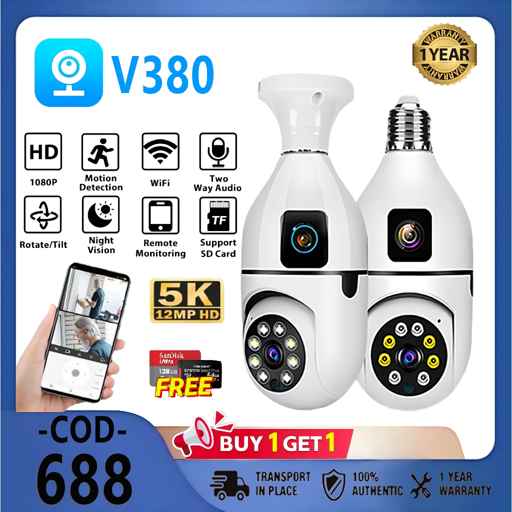 V380 PRO CCTV Bulb Camera Dual Lens 360° 12MP HD APP Control Auto ...