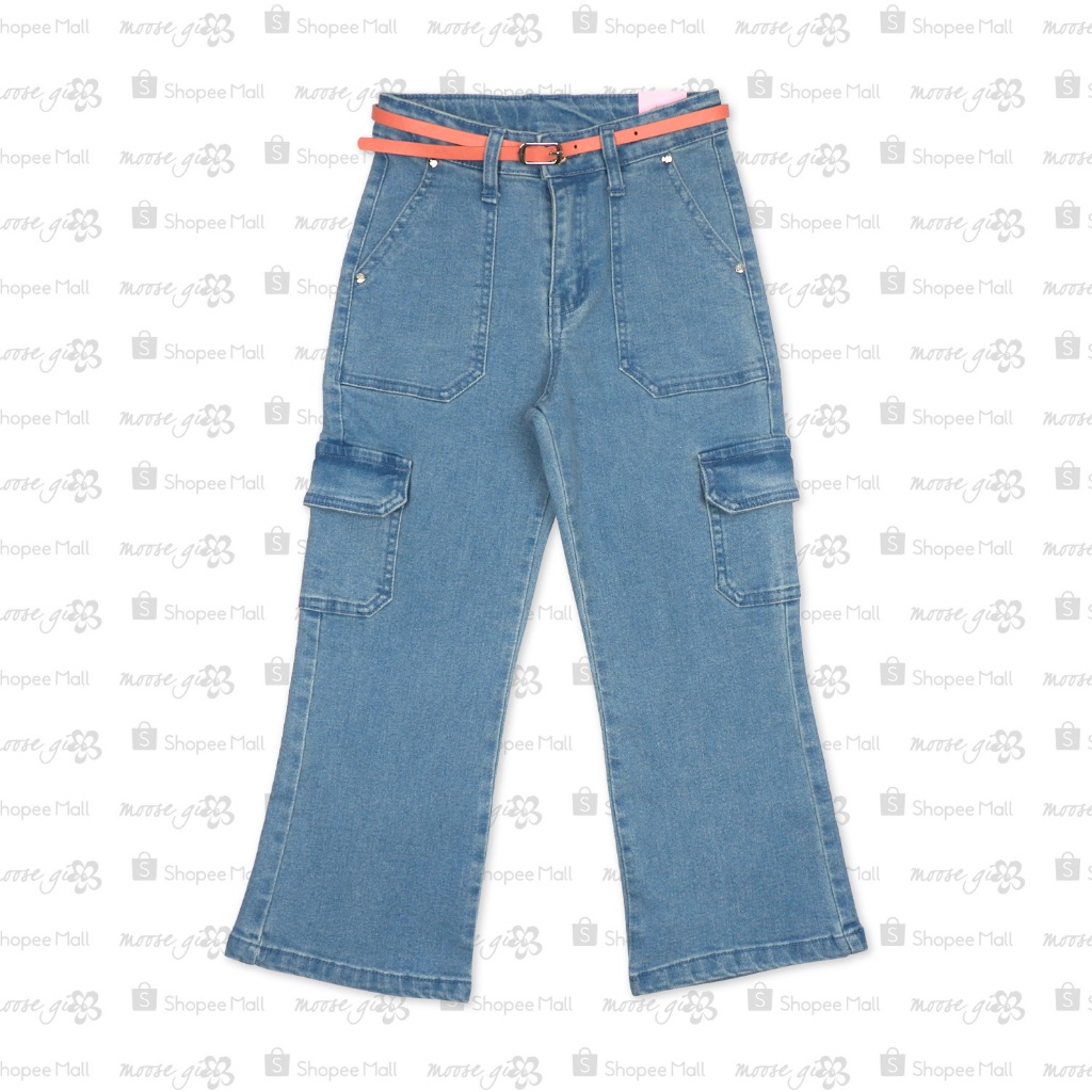 Moose Girl Washed Blue Cargo Denim Pants With Vermillion Orange Belt ...