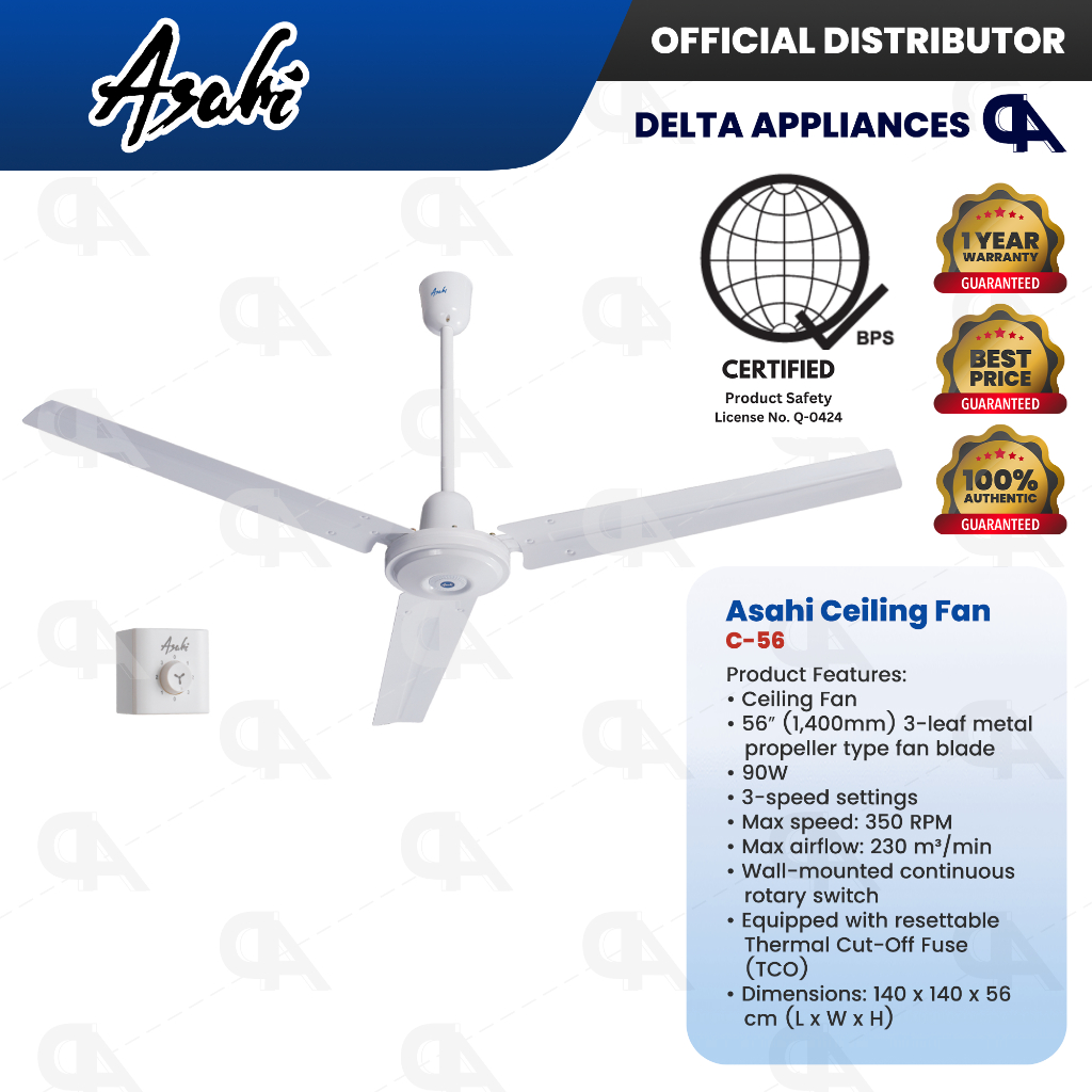 Asahi Ceiling Fan 56" Metal Propeller Painted Original w/ 1 Year ...