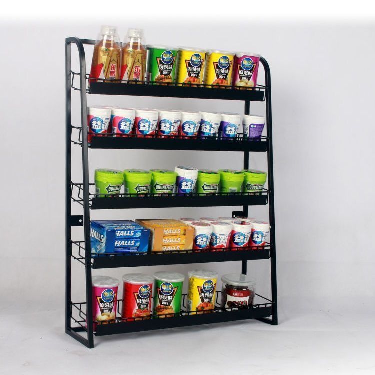 Supermarket cashier shelves convenience store snacks beverage display ...