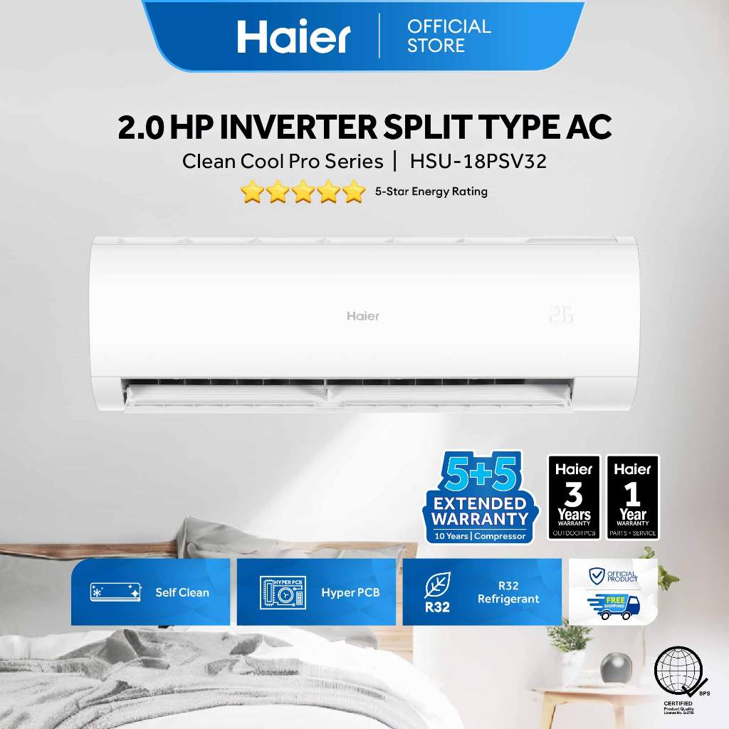 Haier HSU-18PSV32 2.0 HP Clean Cool Pro Inverter Split Type Aircon with Self Clean & Hyper PCB ...
