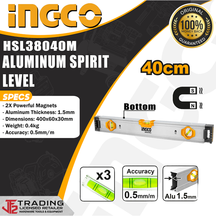 INGCO Aluminum Spirit Level with Magnets 40cm HSL38040MINGCO Aluminum ...