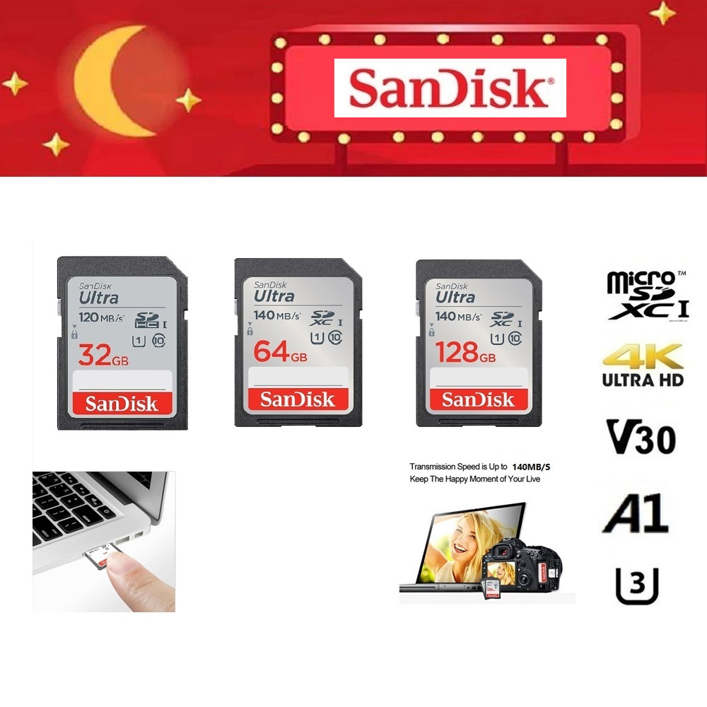 Sandisk Ultra SD Card 128GB 64GB 32GB SD SDXC Class10 Memory Card 140MB ...
