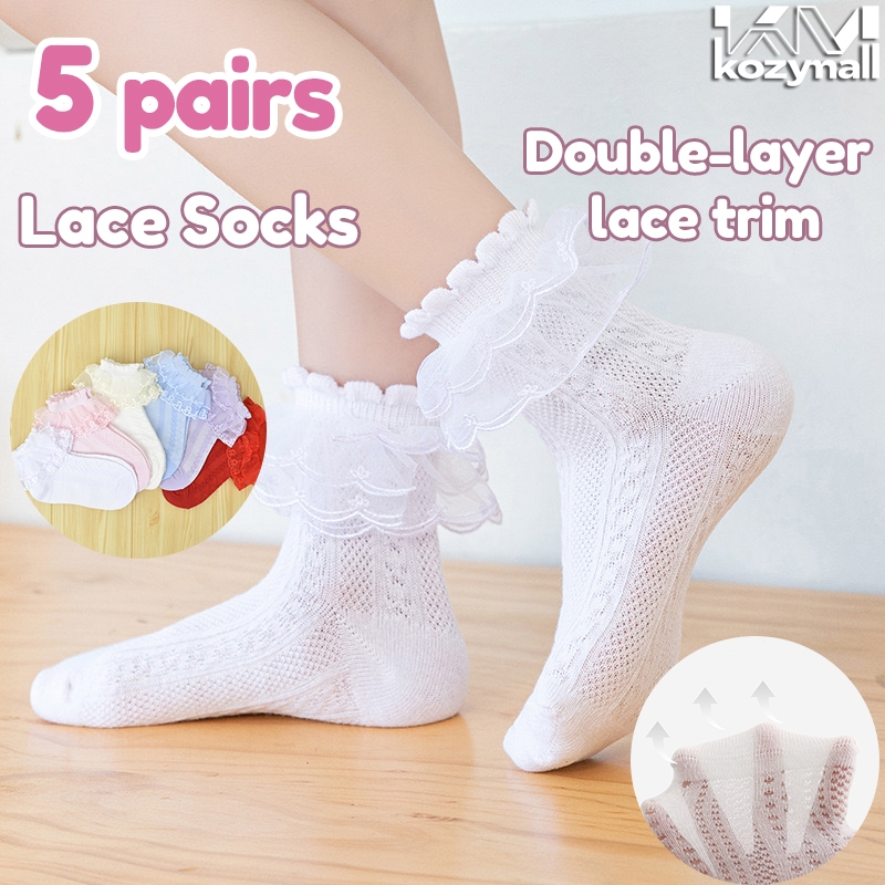 5Pairs 1-9Y White Pink Lace Trim Socks Princess Socks For Baby School ...