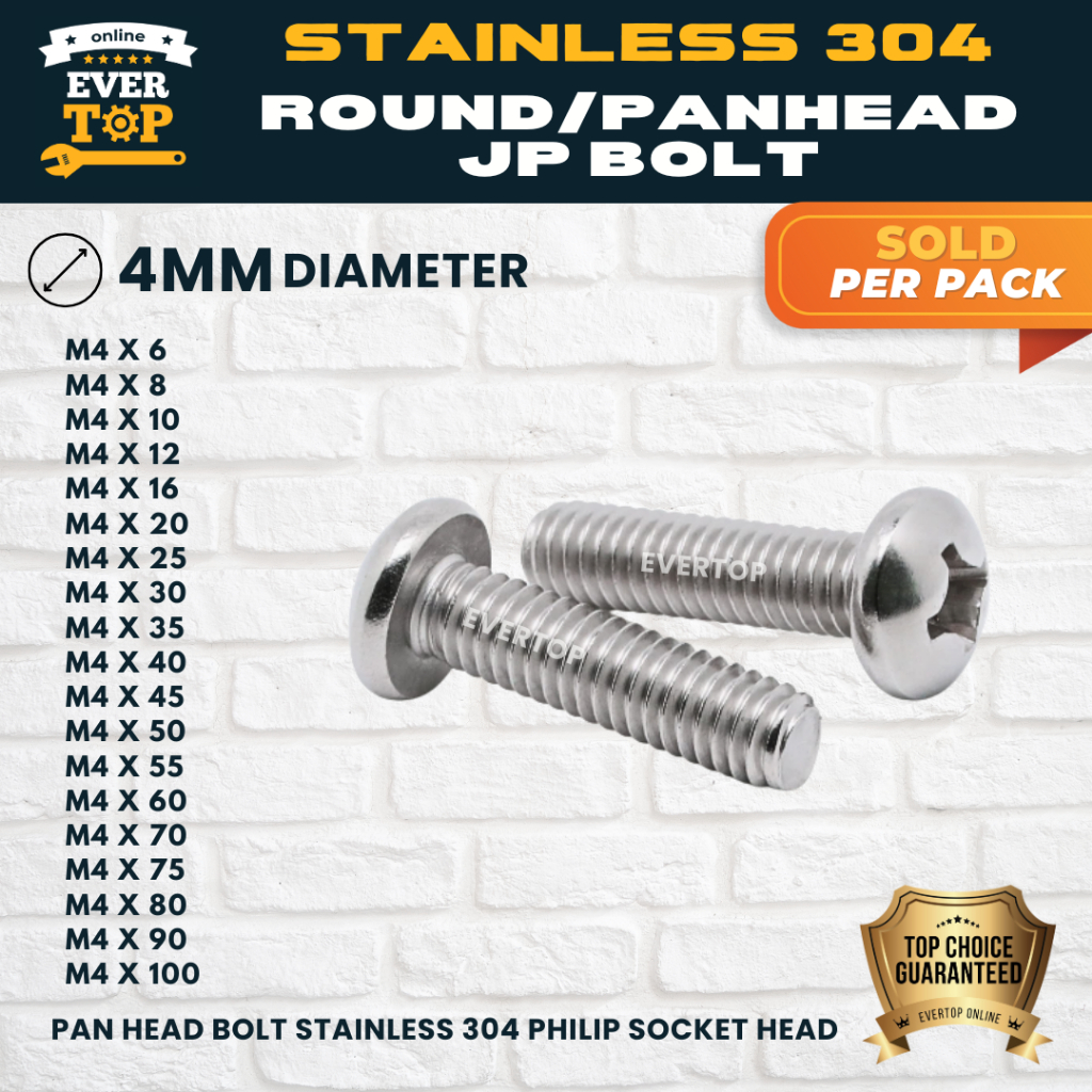 4mm (0.7P) Stainless 304 JP BOLT Machine Panhead Roundhead Phillips ...