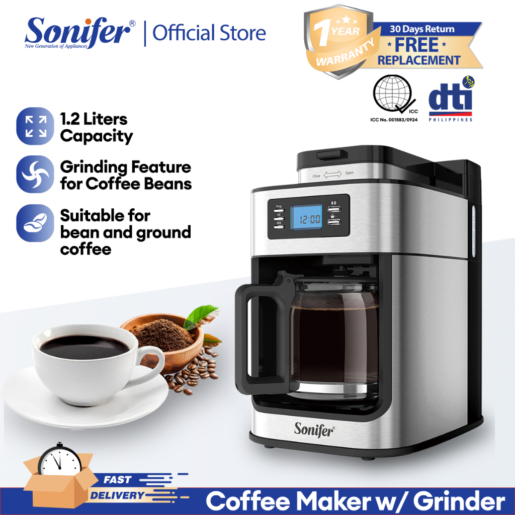 Sonifer Drip Coffee Maker Built-in Coffee Grinder Up to 10 Cups Pot ...