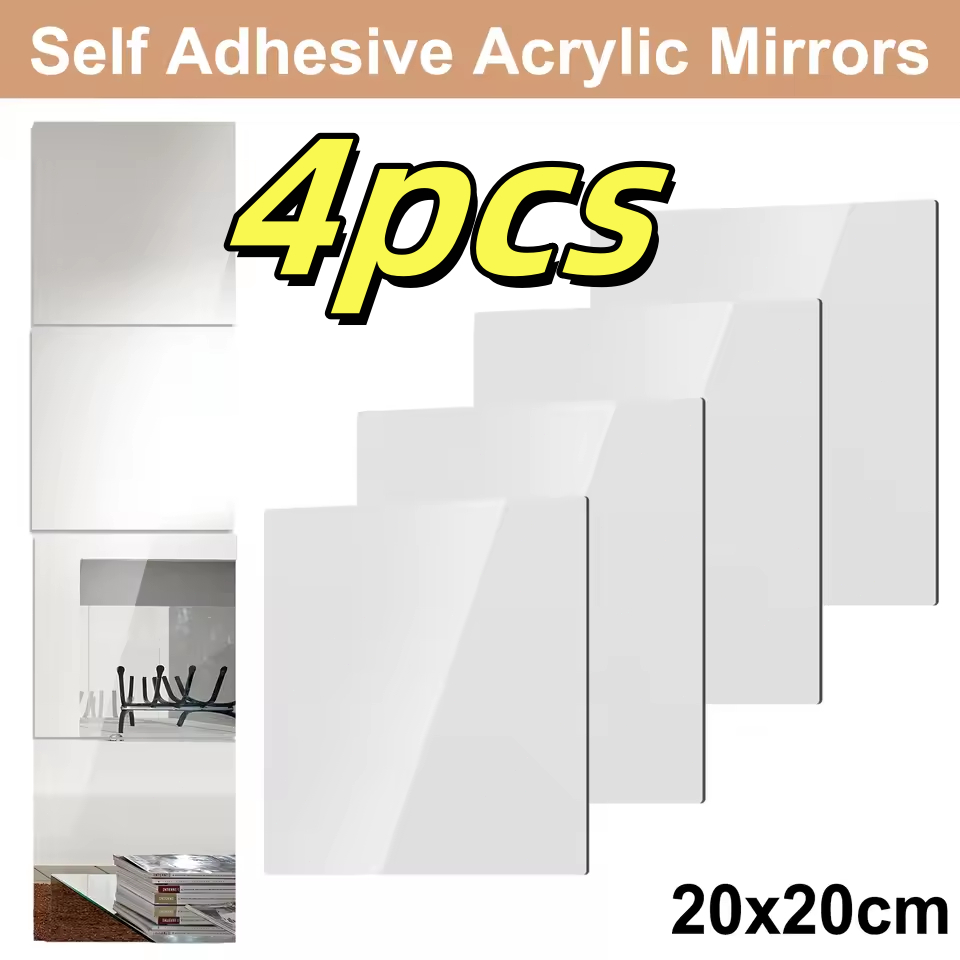 4Pcs Square Mirror Wall Sticker/Self Adhesive Acrylic Reflective Square ...