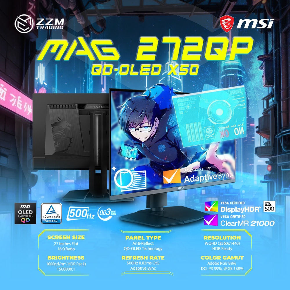 MSI MAG 272QP/272UP QD-OLED X24/X50 26.5" QHD 240Hz/500Hz Gaming Monitor HDR500 HDMI 2.1 ZZM ...