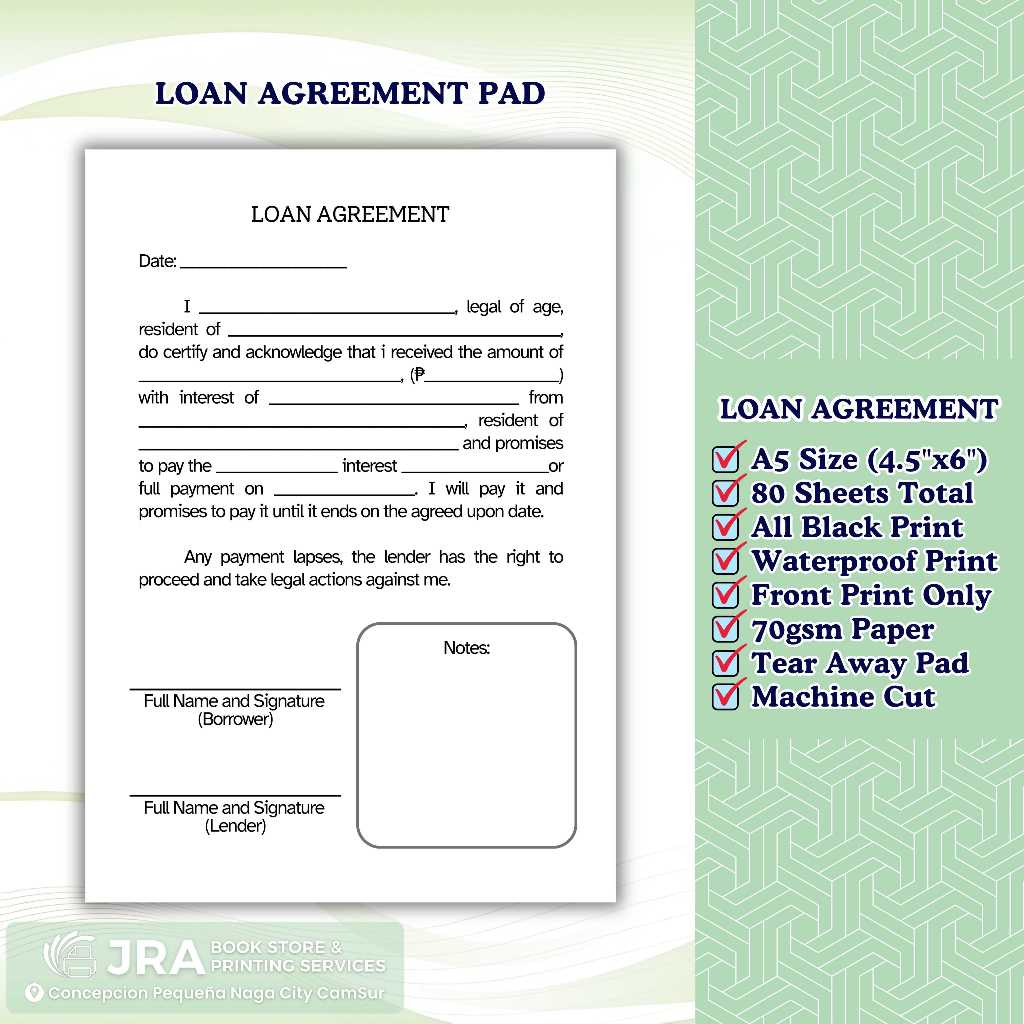 Loan Agreement Pad – Tear-Away Forms for Personal & Business Use (80 ...