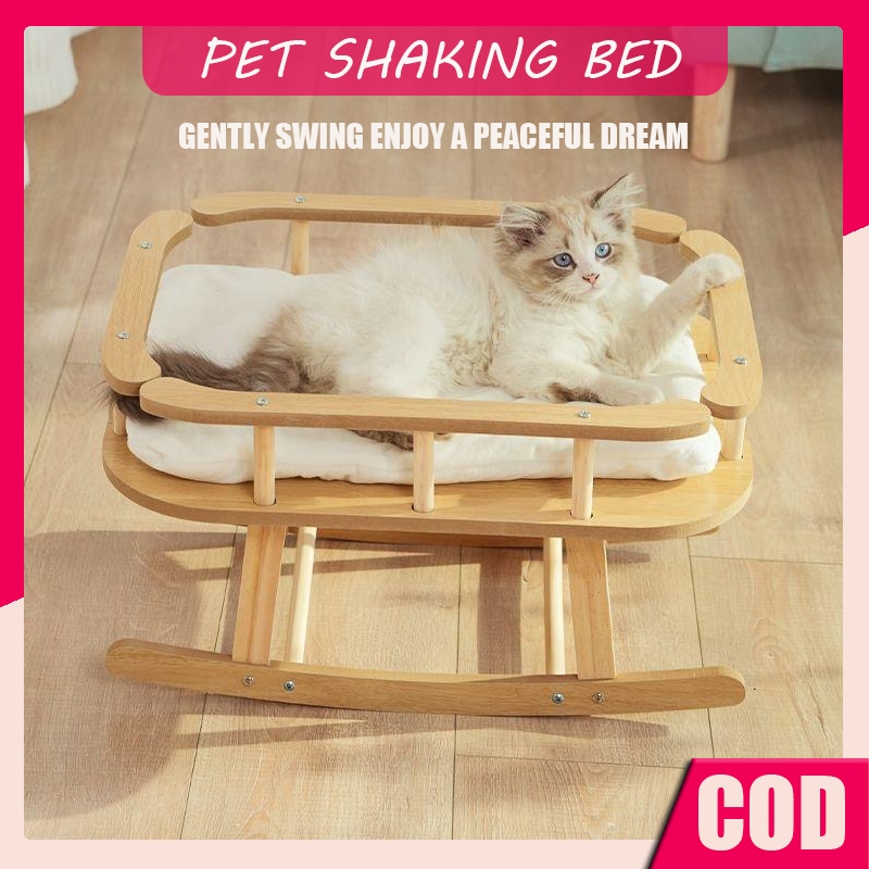 Cat Bed Wooden Rocking Cradle with Cotton Pad Gentle Swing for Kittens ...