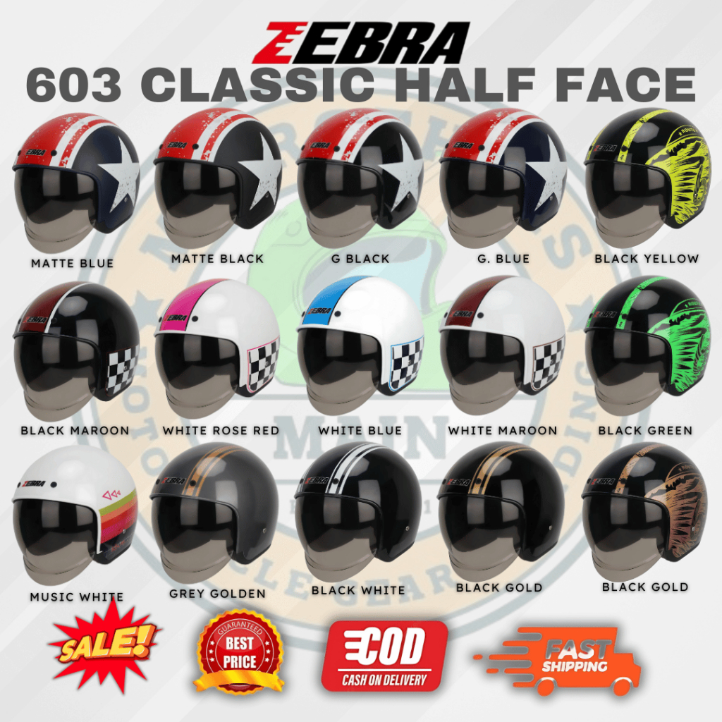 ZEBRA 603 (CLASSIC) Motorcycle Helmet Half Face Single Visor Retro ...