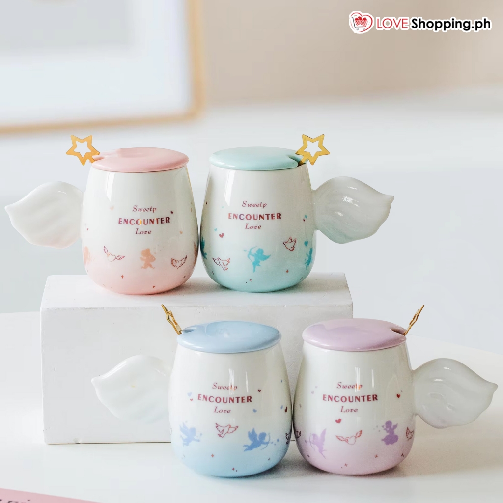 Sweet Encounter Ceramic Couple Mugs with Wing Handles & Gold Star Spoon ...