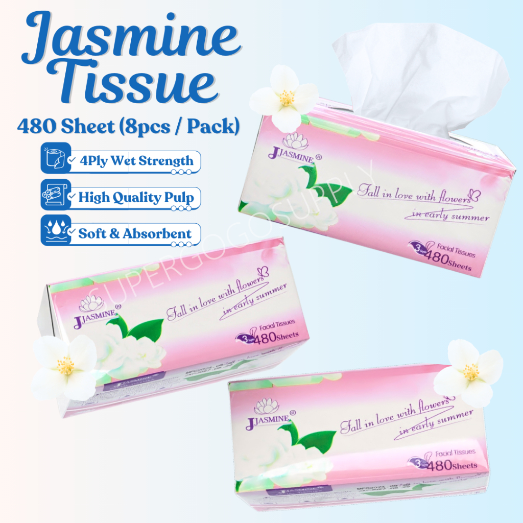 Jasmine 480 Sheet 4-Ply Interfolded Soft Tissue Facial Tissue Bathroom ...