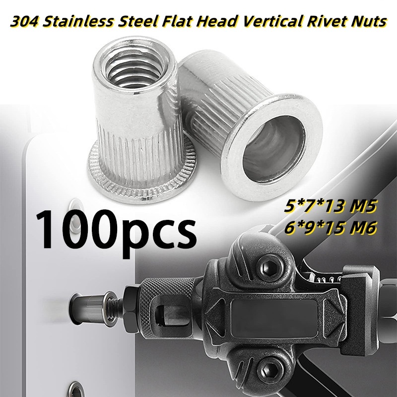 100pcs M5/M6 Flat Head Rivet Nut Stainless Steel Threaded Rivet Insert ...