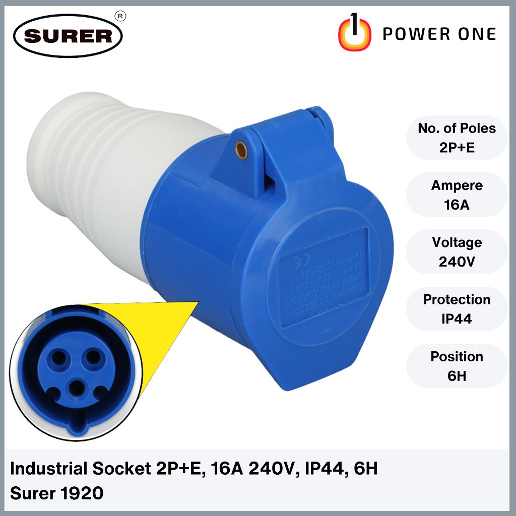 Surer 1920 Industrial Socket Female Plug Connector 2P+E, 16A 240V, IP44 ...