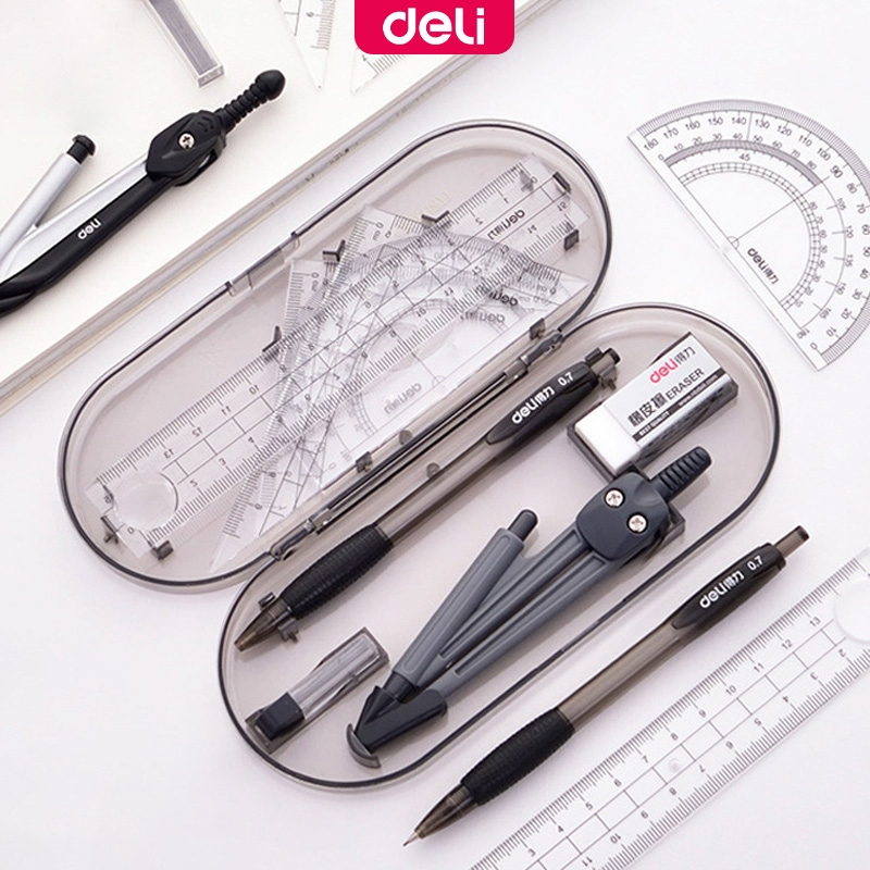 Deli 7pcs Geometry Compasses Ruler Set Exam Drawing Math Learning Tools ...