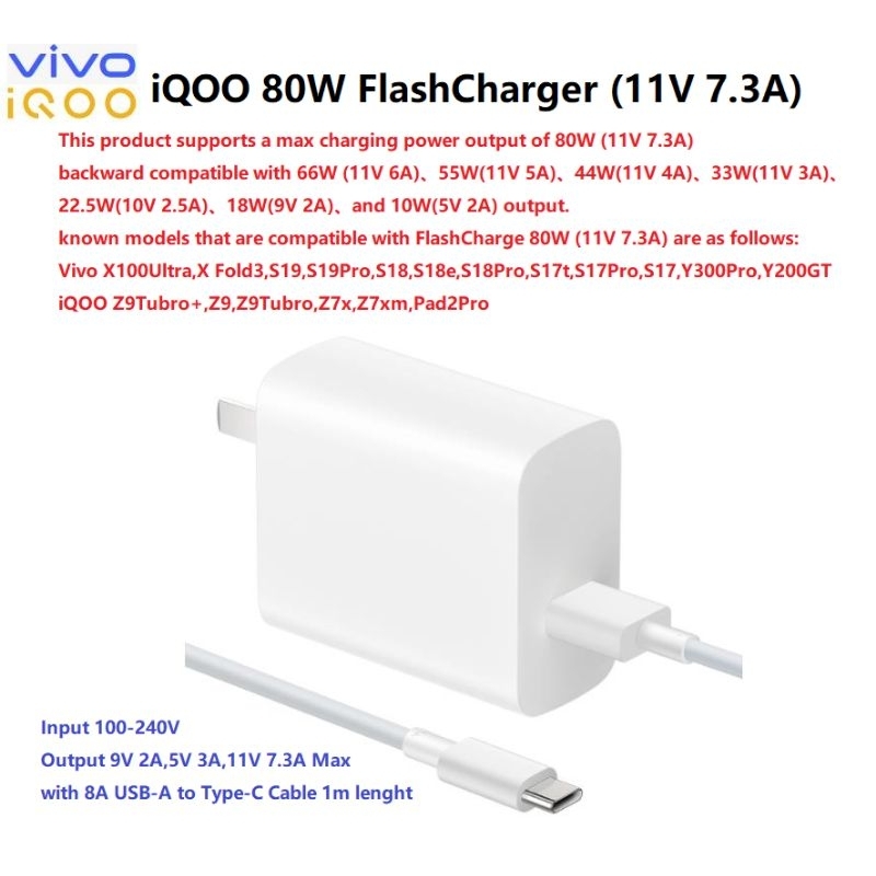 Vivo iQOO 80W FlashCharge Power Adapter & 8A USB Type-c Cable for Z9 ...